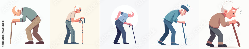 vector set of grandfather hunched over and carrying a stick in flat ...