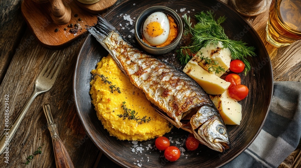 Russian vodka is served alongside fried dorado fish, polenta, cheese ...