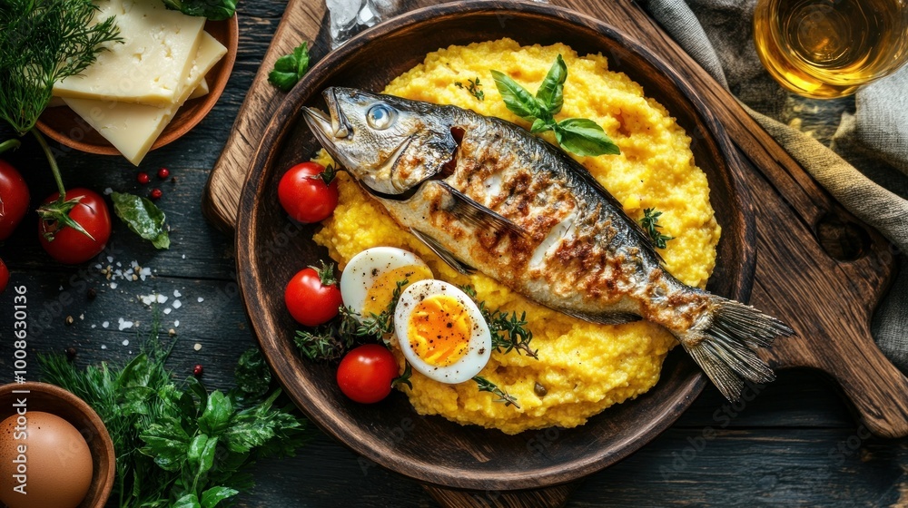 Russian vodka is served alongside fried dorado fish, polenta, cheese ...