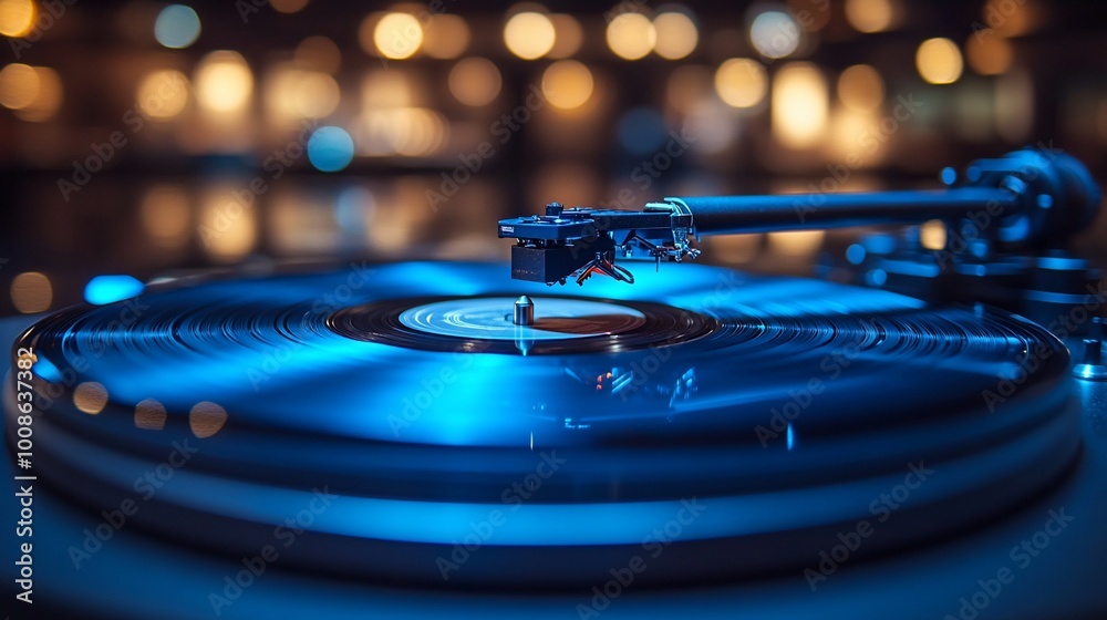 Closeup of a record player needle playing a vinyl record in a dimly lit ...