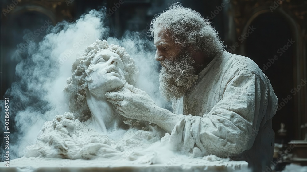 artistically engaging scene of a sculptor passionately carving a statue ...