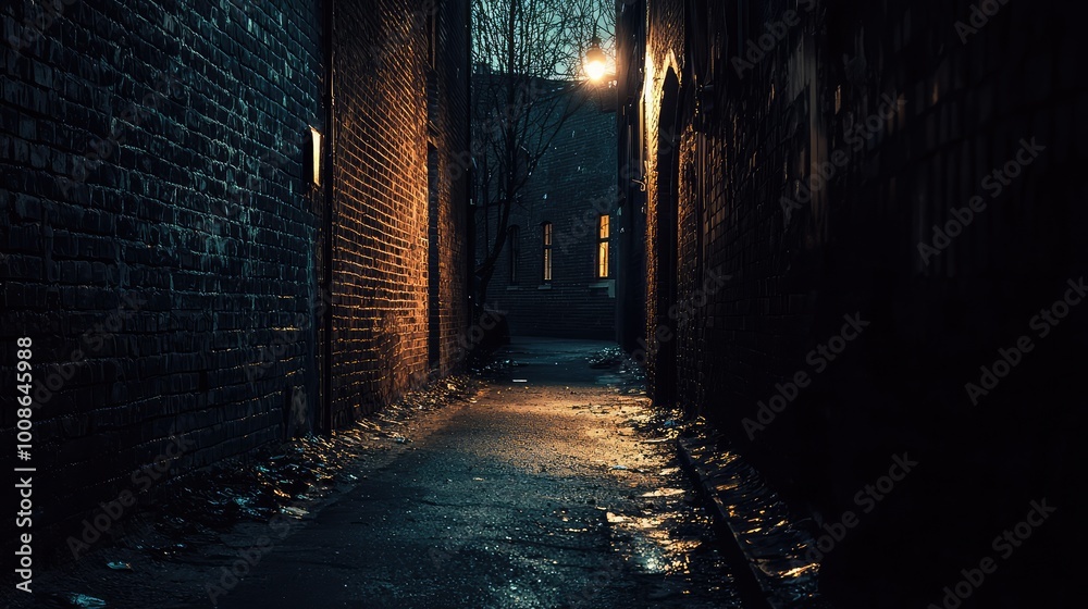 A dimly lit alleyway with wet pavement, brick walls, and a soft glow ...