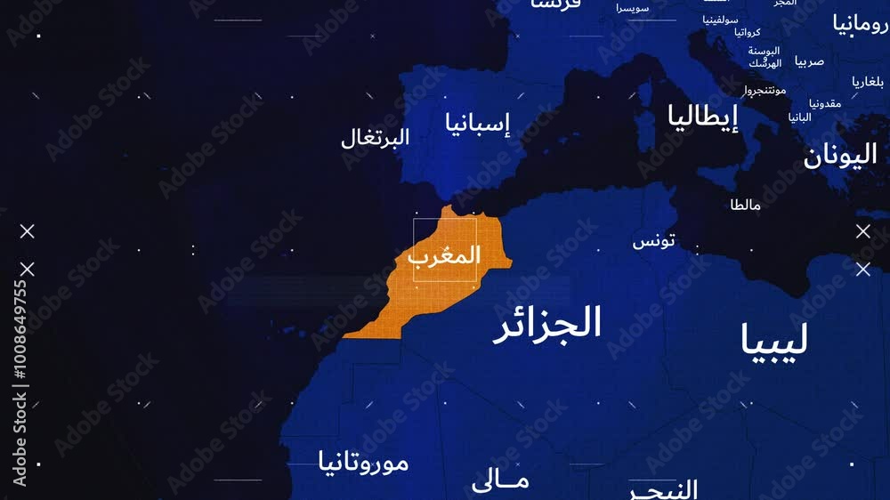Morocco Map Black and Blue Breaking News Style in Arabic Titles Stock ...