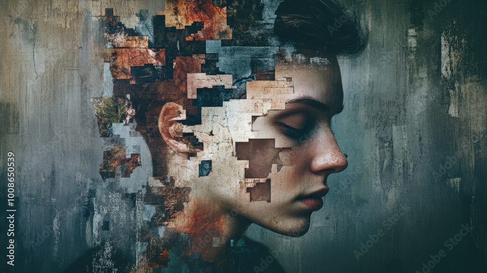 The artwork depicts a side profile of a person whose features are ...