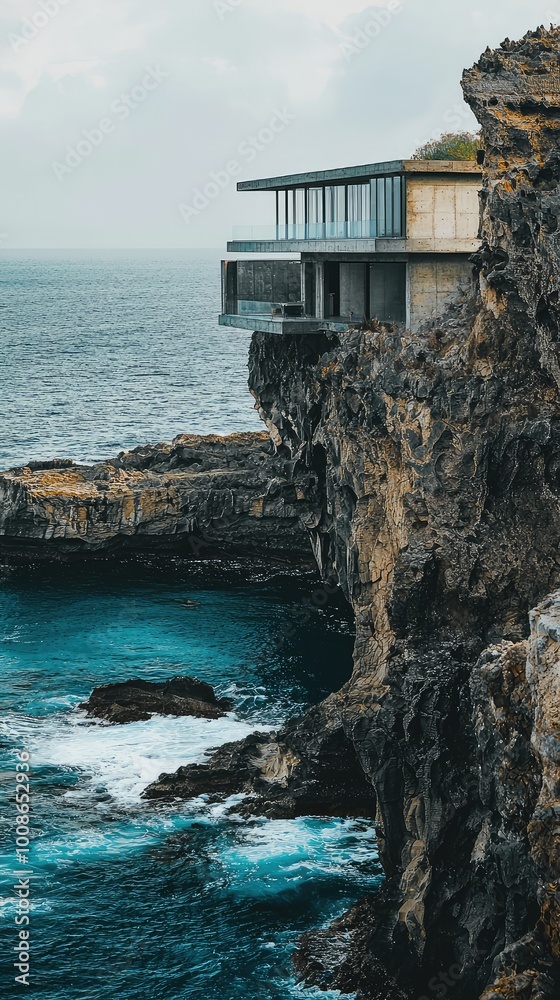 A modern cliffside house overlooking the turquoise ocean, blending ...