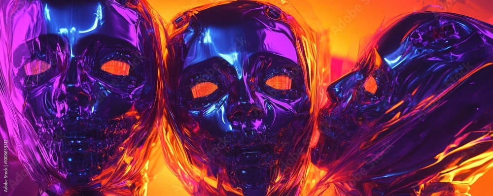 A striking composition of three reflective artistic skulls, illuminated ...