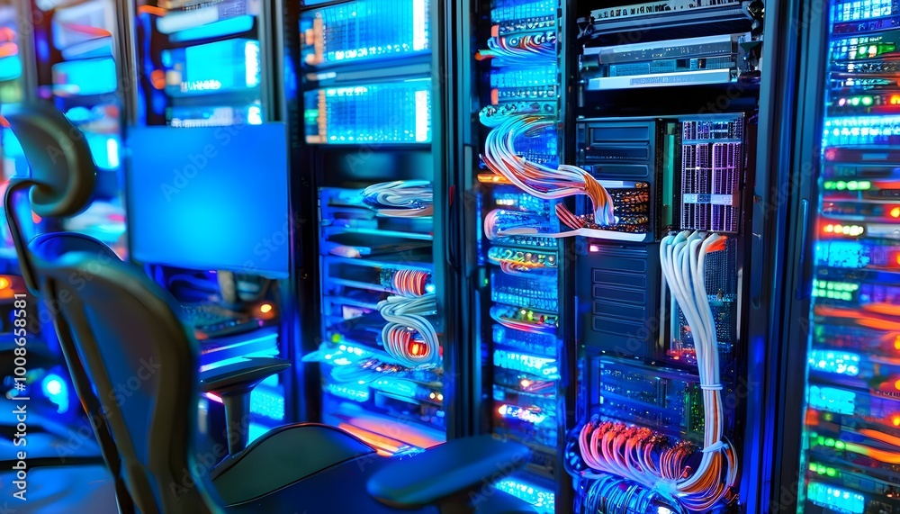 Modern tech workspace featuring a sleek black computer tower with a ...