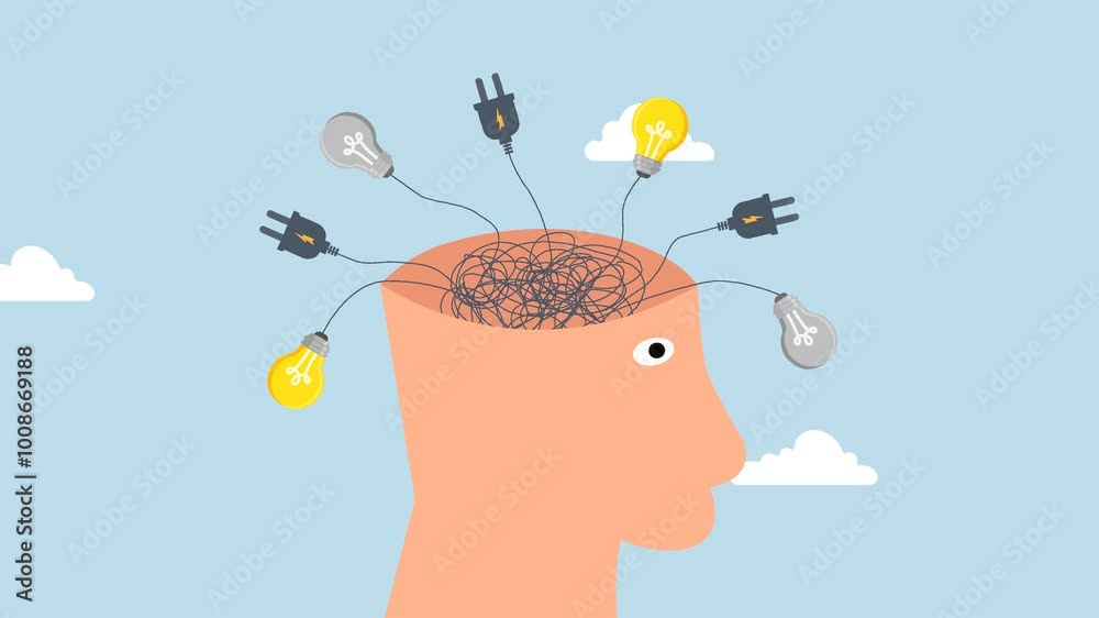 Overthinking, 4k animation of jumbled electrical cord and lightbulb ...