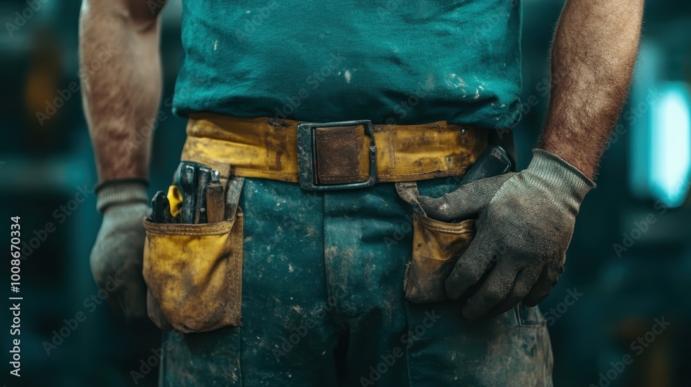 The image captures a worker in a dirt-stained uniform and gloves ...