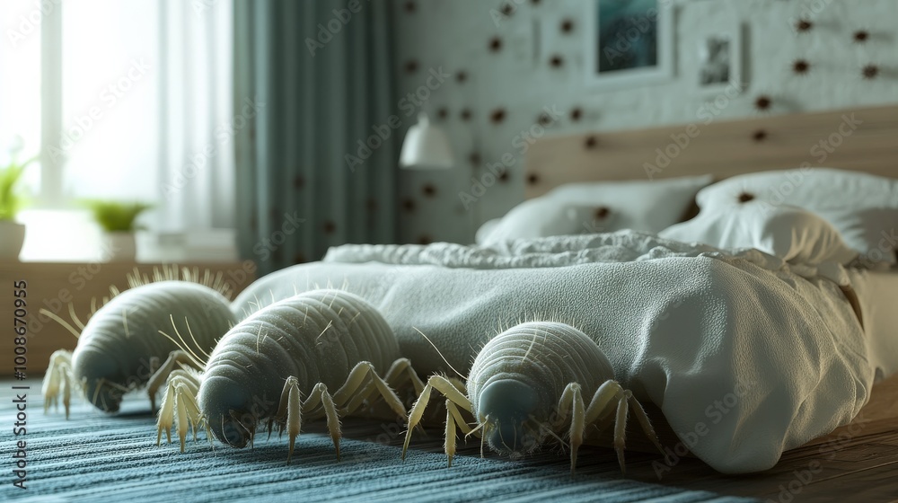 Dust mites are depicted in a bedroom setting, crawling under the bed ...