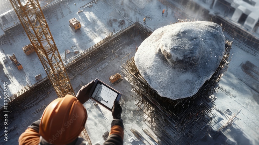 An aerial view of a construction site with workers using tablets to ...