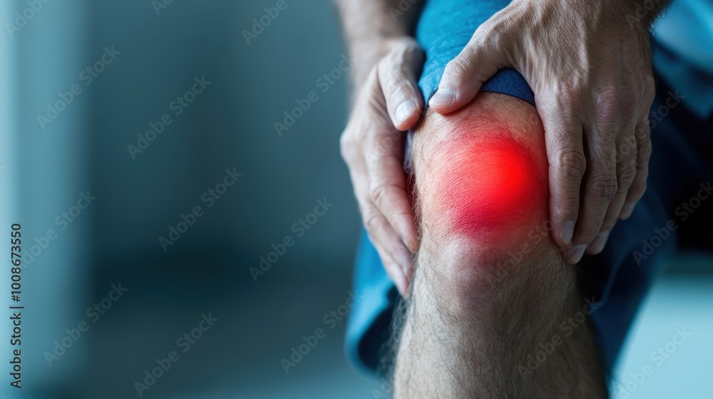 Focuses on a man's knee with hands wrapped around it, highlighting pain ...