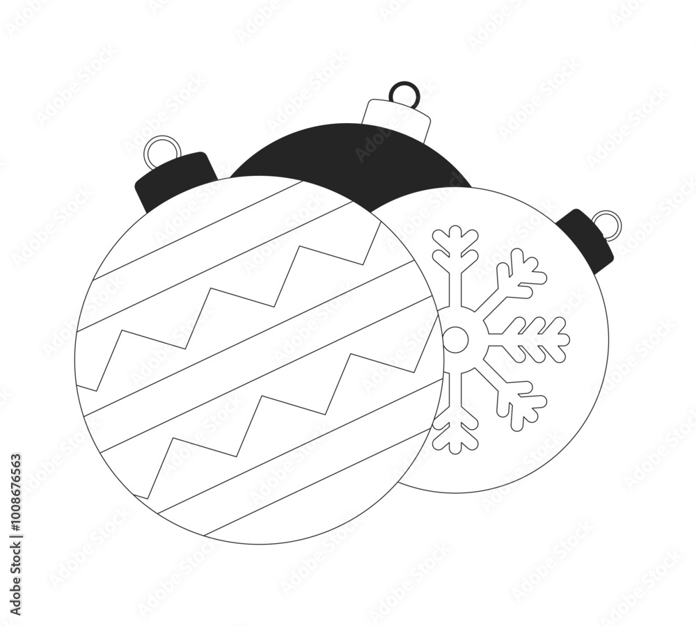 Baubles Christmas ornaments black and white 2D line object ...