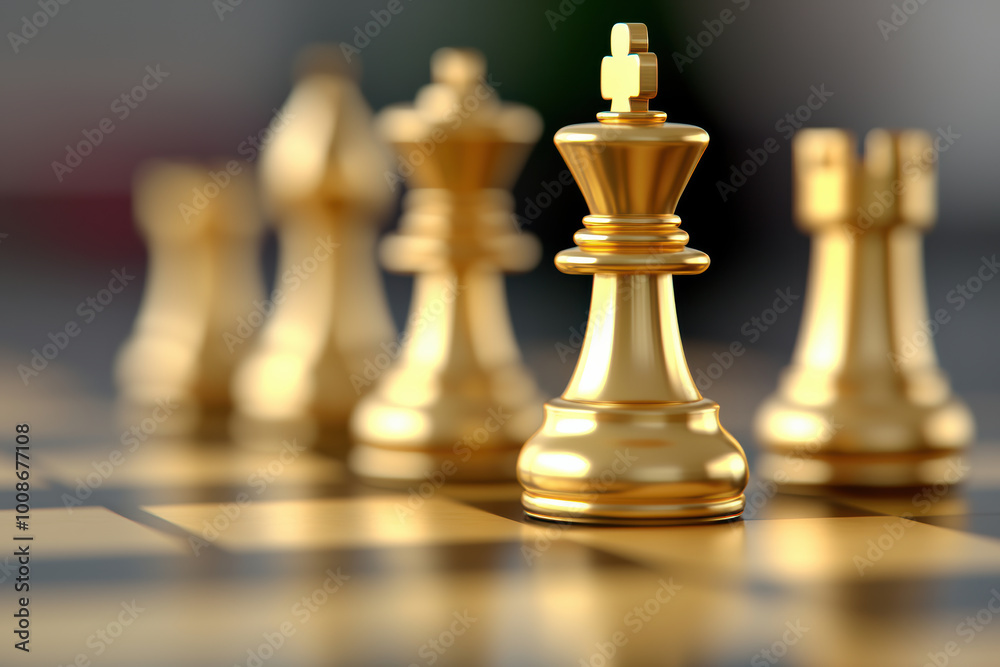 Golden chess pieces stand prominently on chessboard, symbolizing ...