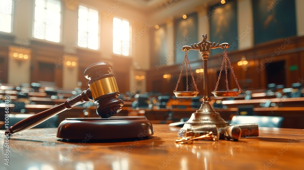 Symbolism of Justice, a portrayal of courtrooms and legal tools ...