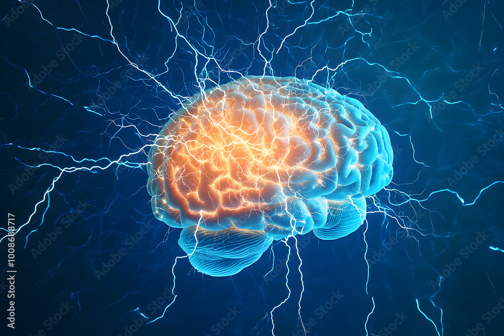 Human brain digital illustration. Electrical activity, flashes and ...
