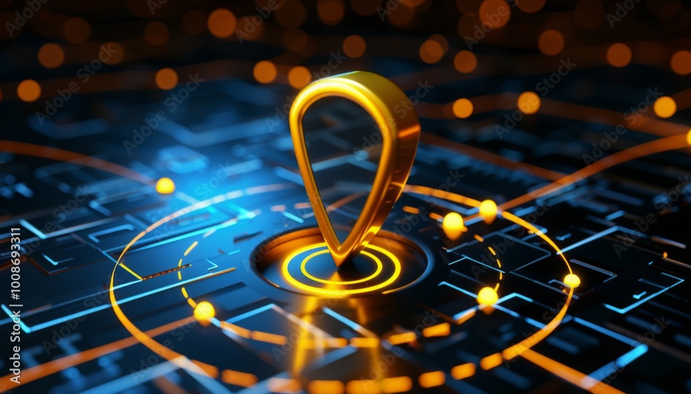 Advanced Navigation And Location Technology Concept Golden Location Marker Floating Above A