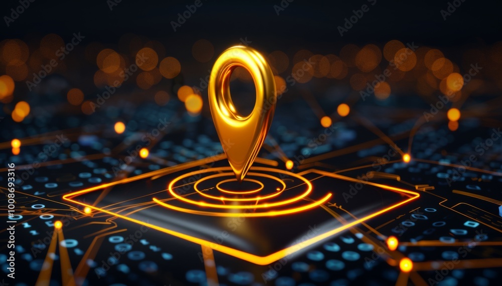 Advanced Navigation And Location Technology Concept Golden Location Marker Floating Above A