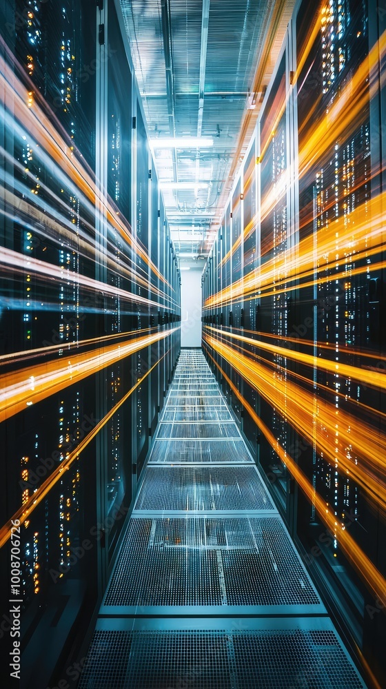 Dynamic data center corridor showcasing glowing lines of data flow ...