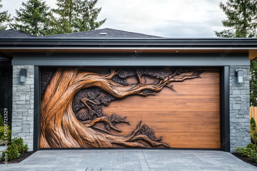 Modern garage door with intricate carvings. This image showcases a ...