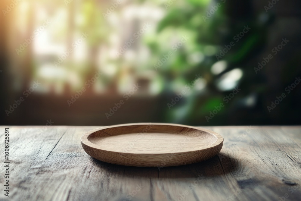 Empty wooden plate on wood table. Soft blurry background, of free space ...