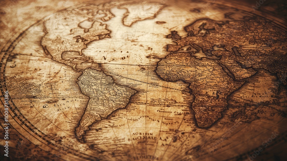 Vintage world map with detailed geographic features, showcasing a ...