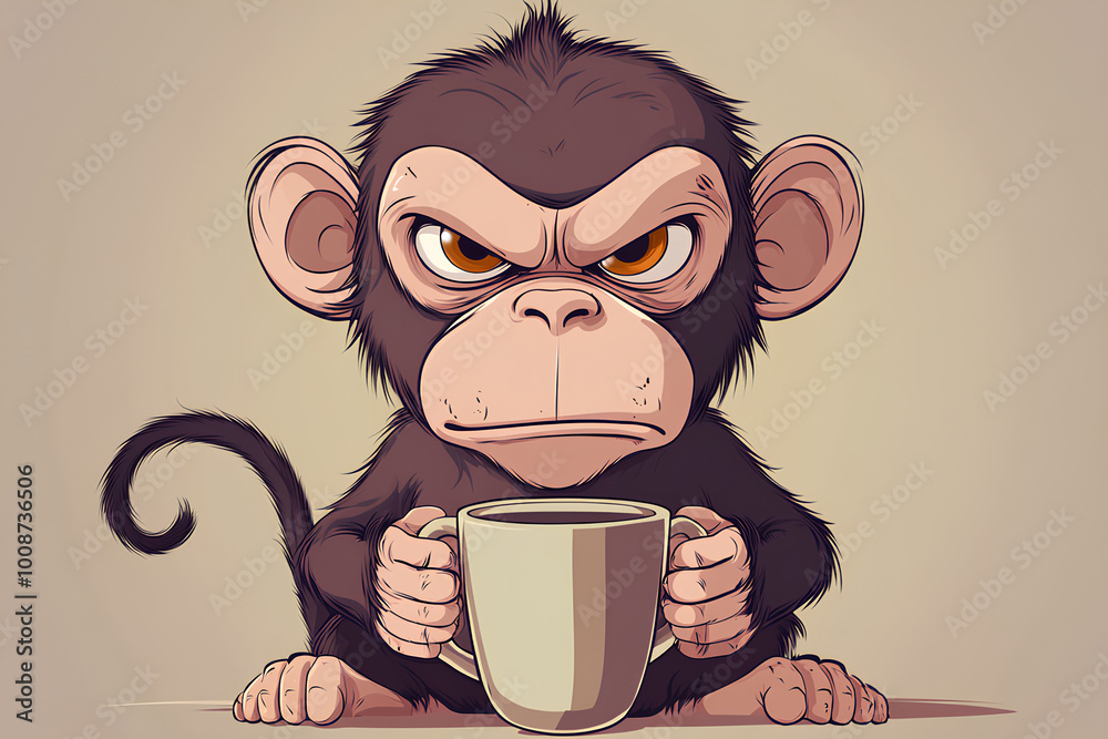 Cartoon style cute angry monkey with cup of coffee. dissatisfied monkey ...
