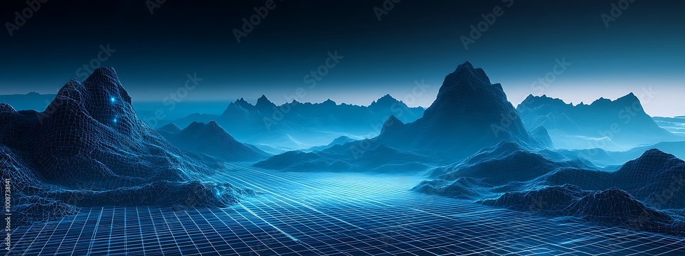 digital background showing a virtual landscape with wireframe mountains ...