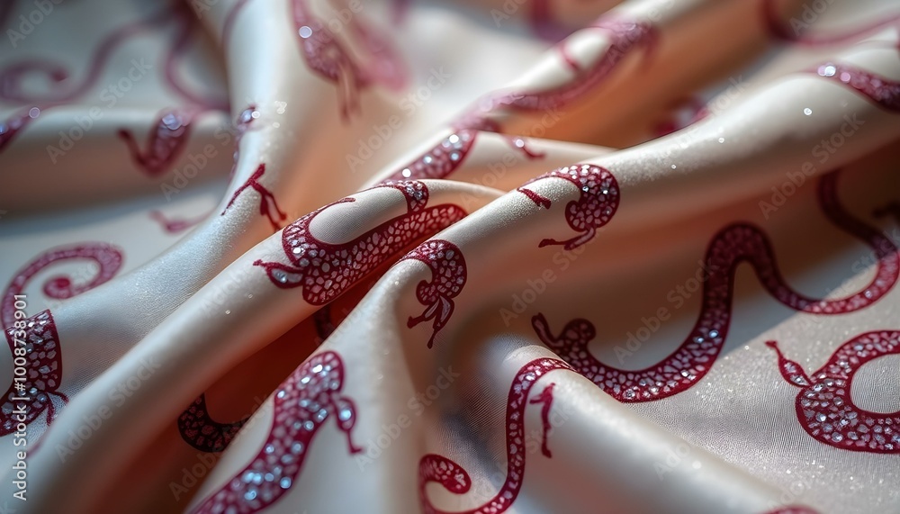 Detailed patterns of red snakes adorn soft fabric, showcasing artistic ...