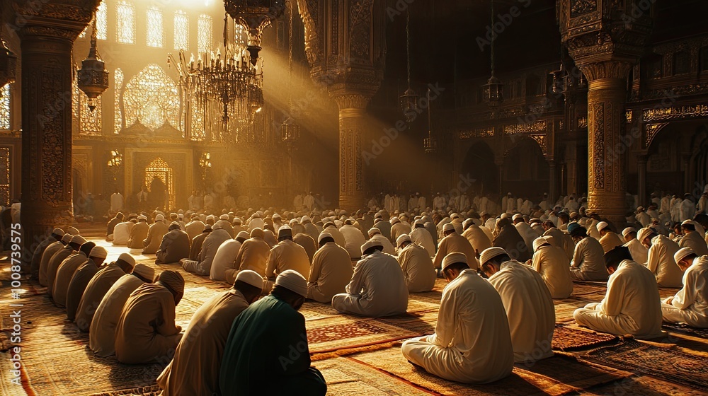 Muslims praying in a mosque. This image depicts the daily ritual of ...