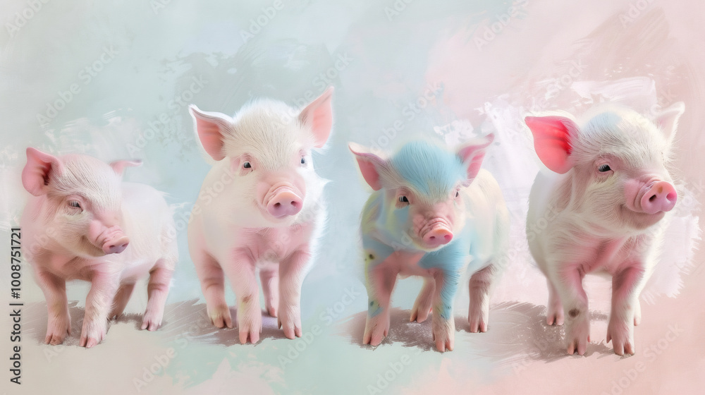 pastel baby pigs, set of four cute baby pig images in pastel colors ...
