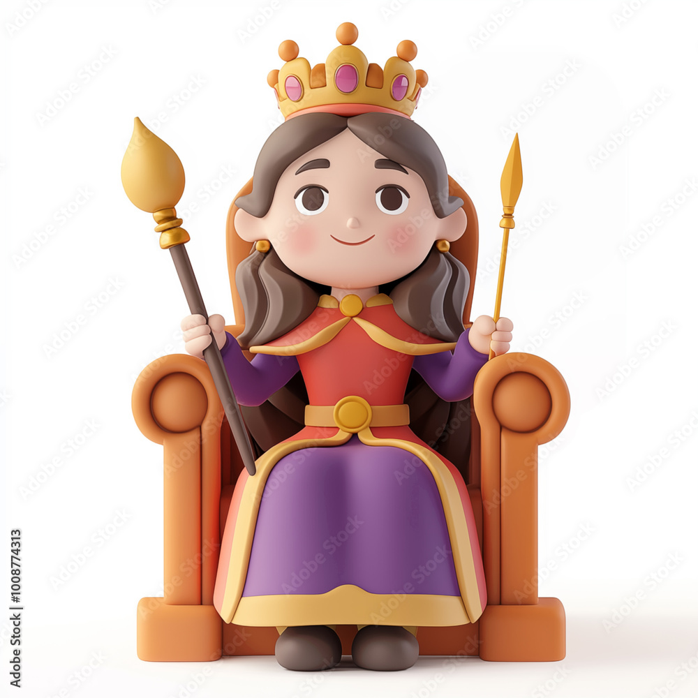 3D cartoon icon character good queen dressed in royal clothes with ...