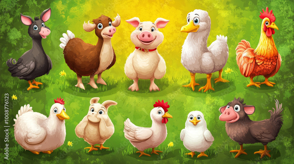 This set of cute cartoon pictures shows farm animals like dogs, cats ...