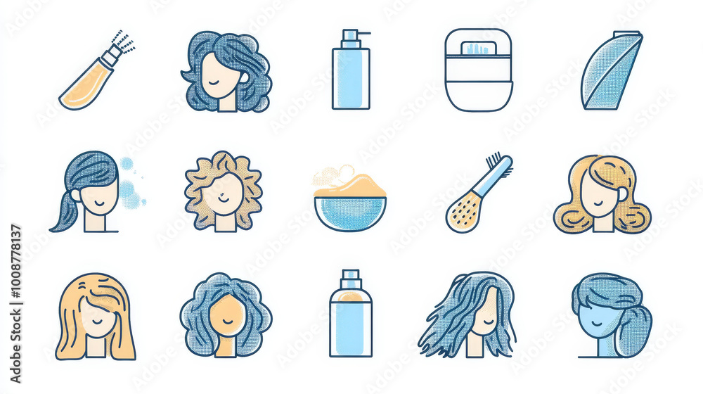 This set of icons is all about hair care. It has pictures for shampoo ...