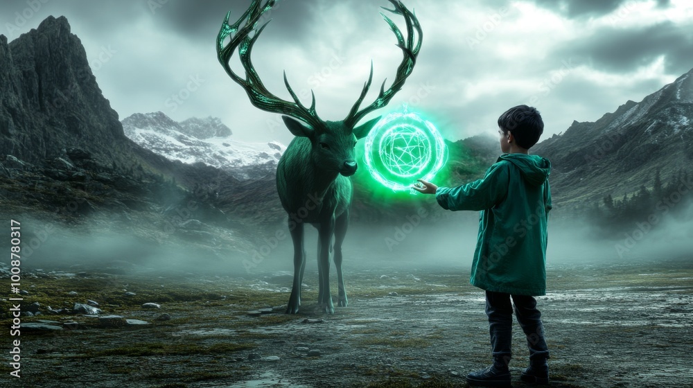 The man with the magic lantern facing the giant deer in a mysterious ...