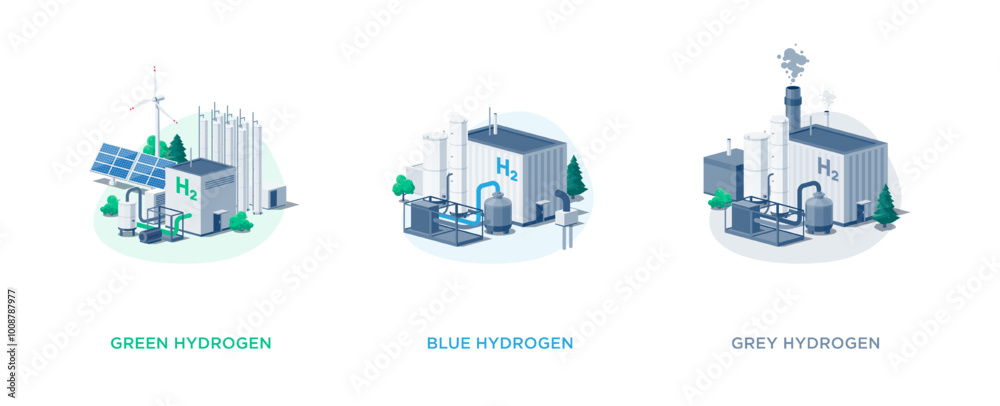 Green, blue, grey hydrogen power plant types. Clean solar wind and ...