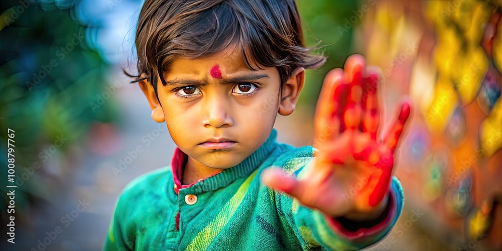 Young child expressing defiance with a firm 'no' gesture, capturing ...
