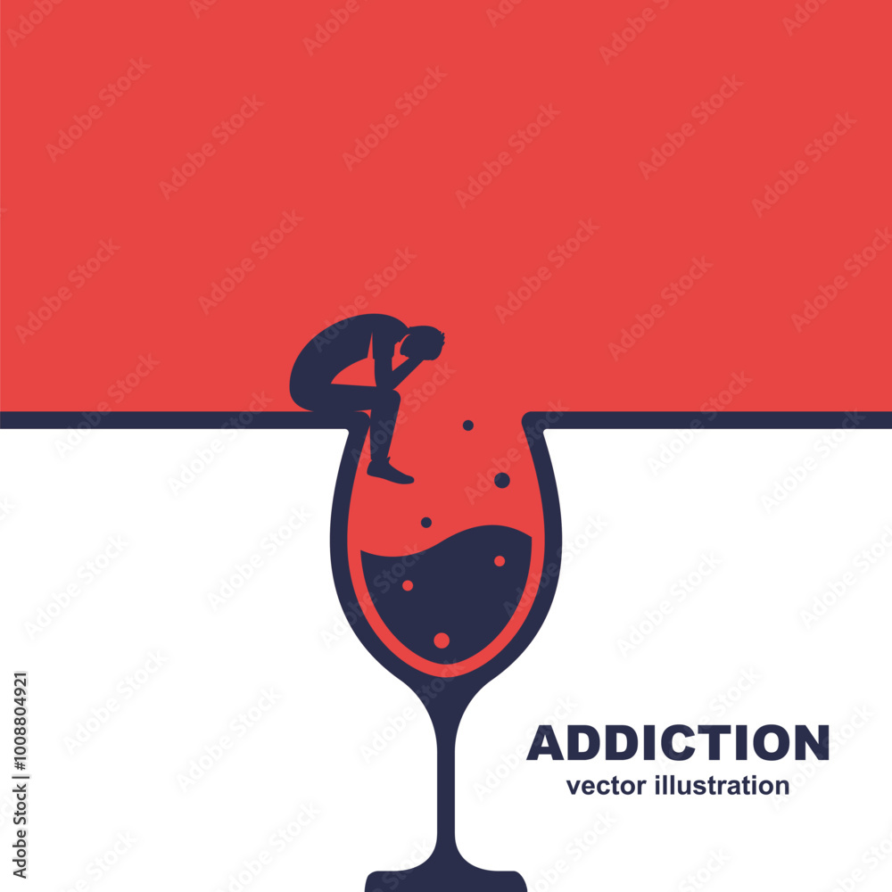 Alcohol addiction. Silhouette drunk male character sitting in a glass ...