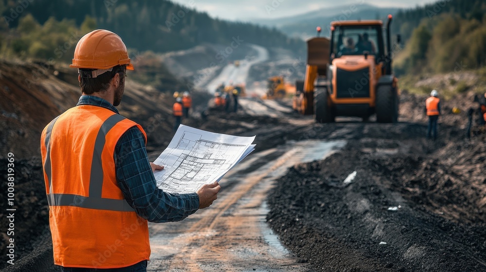 Civil engineer at a road construction site, reviewing blueprints with a ...