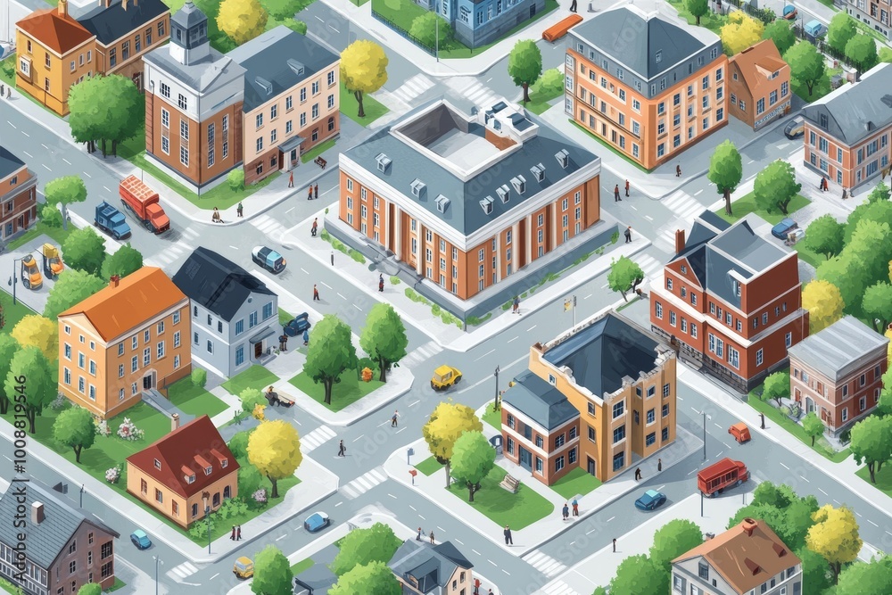 isometric city or town block with school building. Buildings, houses ...
