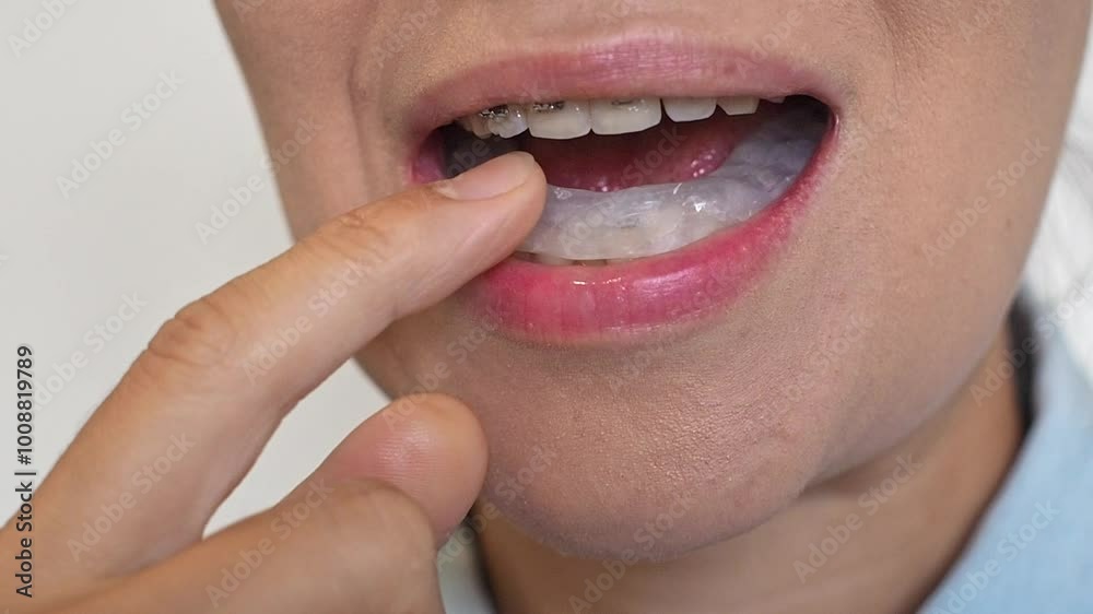 Vídeo do Stock: Woman puts dental splint guard in her mouth. TMJ splint ...