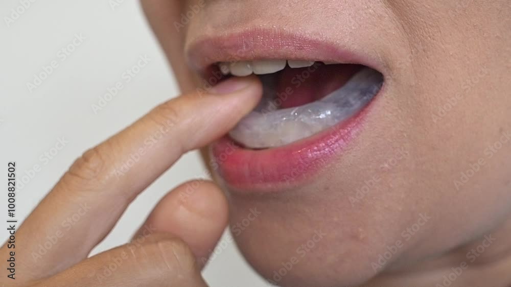 Woman puts dental splint guard in her mouth. TMJ splint disorder ...
