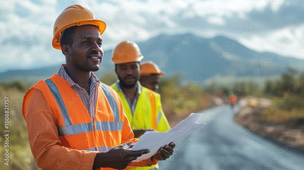 Engineers and construction workers collaborating on a road project ...