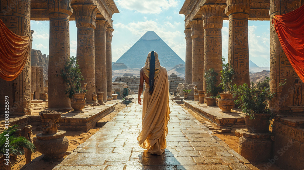 Ancient Egyptian Priest Pharaoh In a Temple with a View of the Pyramids ...