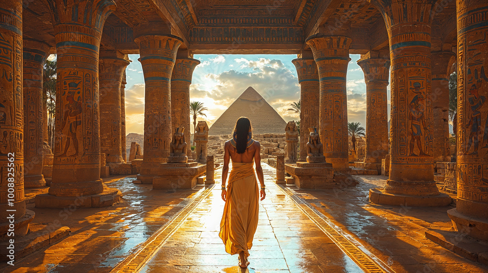 Ancient Egyptian Priest Pharaoh In a Temple with a View of the Pyramids ...