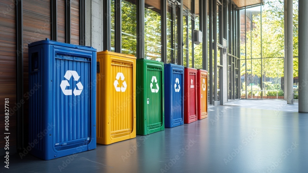 Yellow, green, blue, and red recycling bins with clear recycling ...