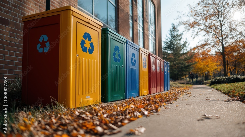 Yellow, green, blue, and red recycling bins with clear recycling ...