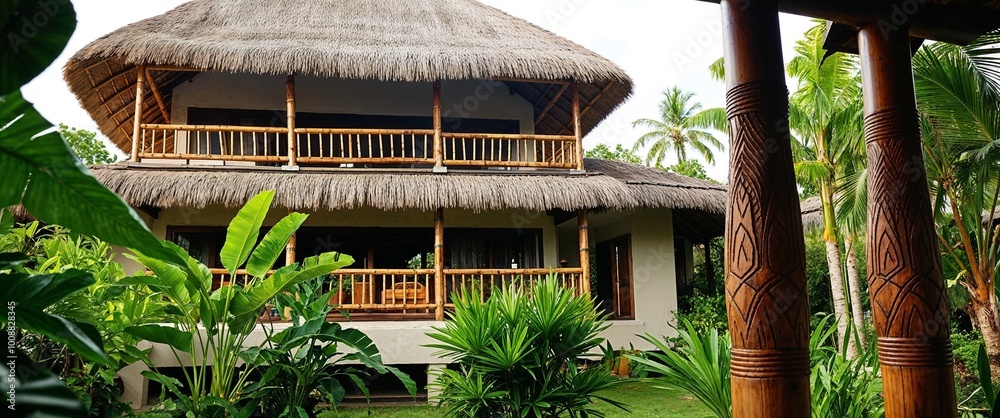 rustic, tropical-style building with a thatched roof and bamboo ...
