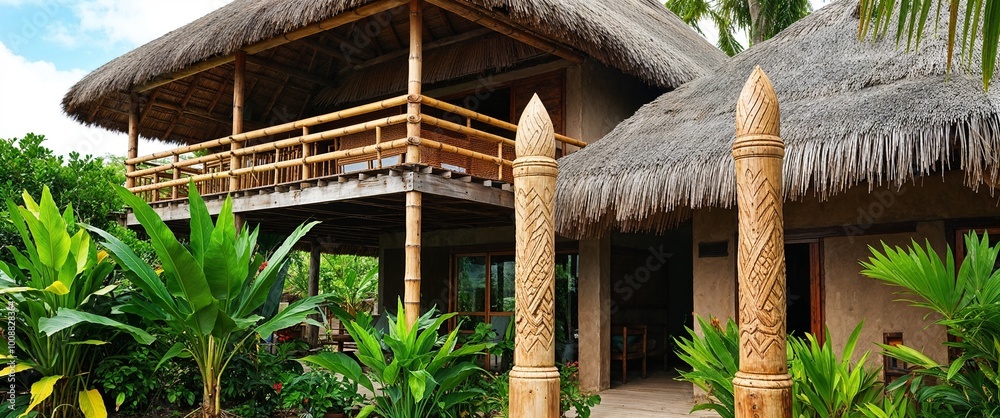 rustic, tropical-style building with a thatched roof and bamboo ...