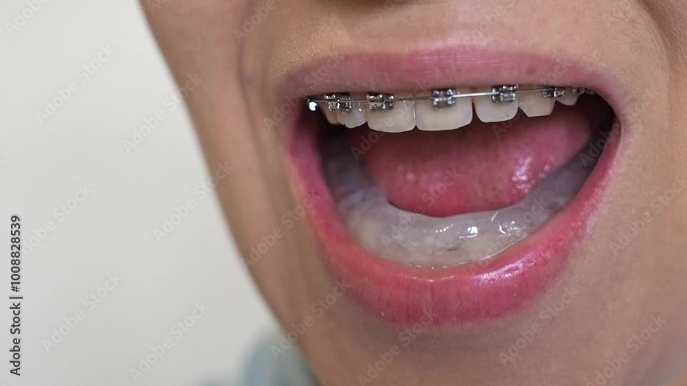 Woman puts dental splint guard in her mouth. TMJ splint disorder ...